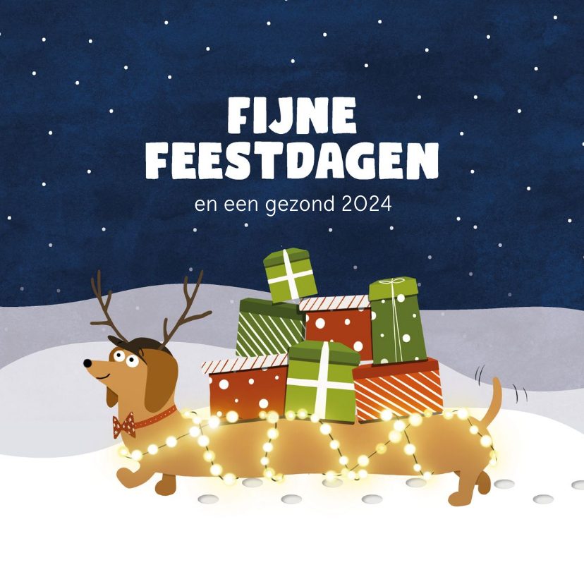 Kerstkaart met teckel hond met kerstcadeaus | Kaartje2go