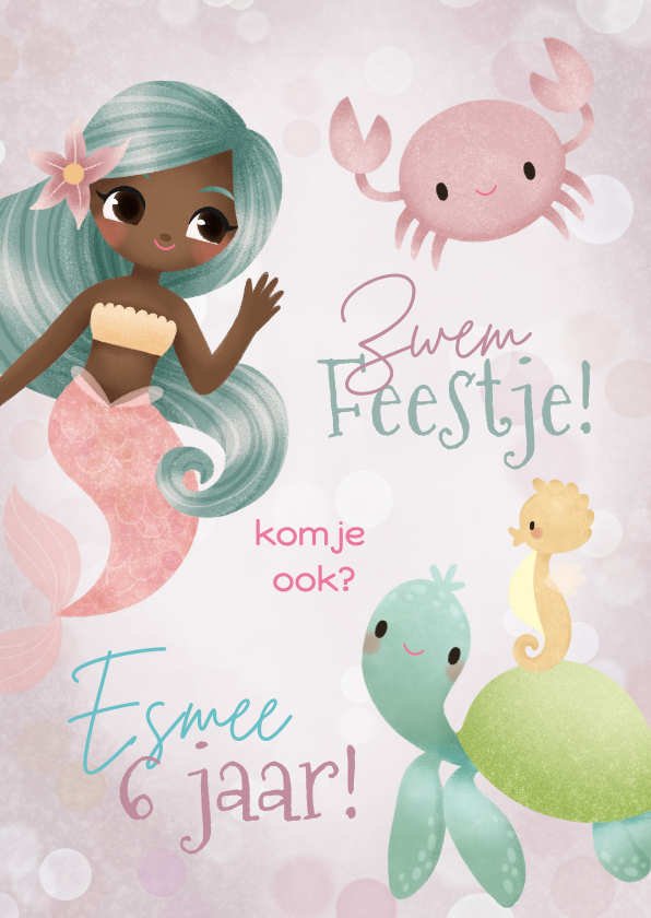 Kinderfeestje uitnodiging zwemfeest zeemeermin | Kaartje2go