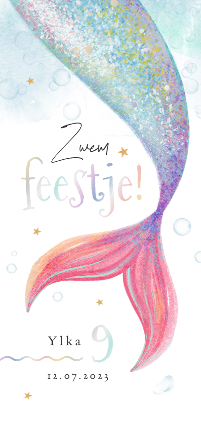 Zwemfeestje uitnodiging zeemeermin waterverf | Kaartje2go