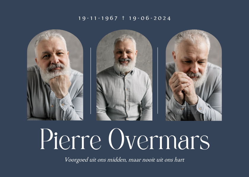 Donkerblauwe rouwkaart met fotos en grote naam | Kaartje2go