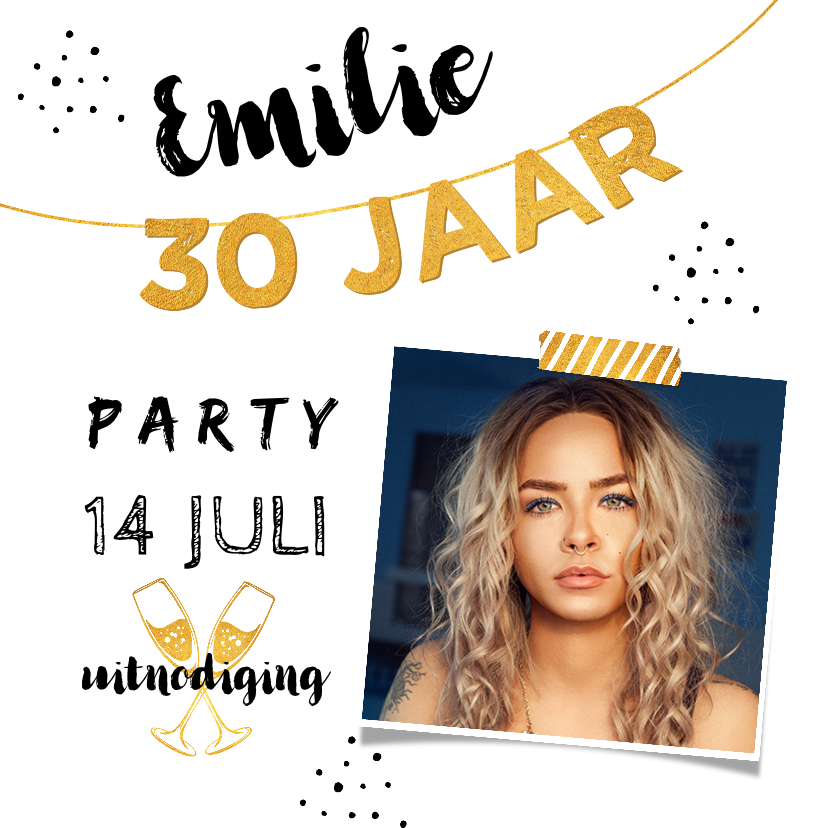Uitnodiging verjaardag 30 jaar goud met slinger | Kaartje2go Uitnodiging verjaardag 30 jaar goud met slinger | Kaartje2go